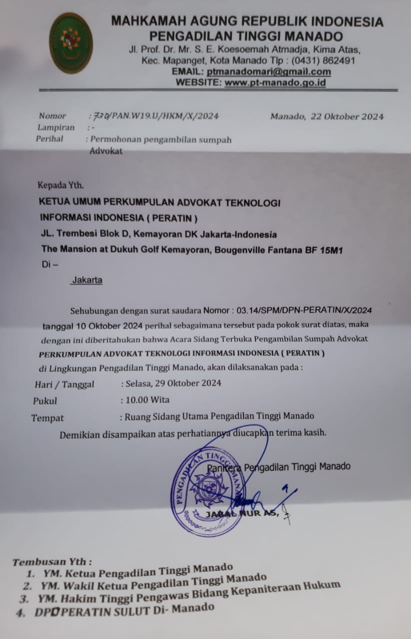 Surat Pengambilan Sumpah Advokat Di Pengadilan Tinggi Manado. Yang ...