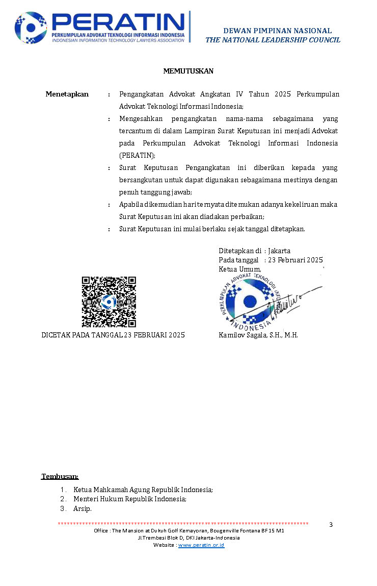 Surat Keputusan Pengangkatan Advokat Angkatan IV Tahun 2025 Perkumpulan ...