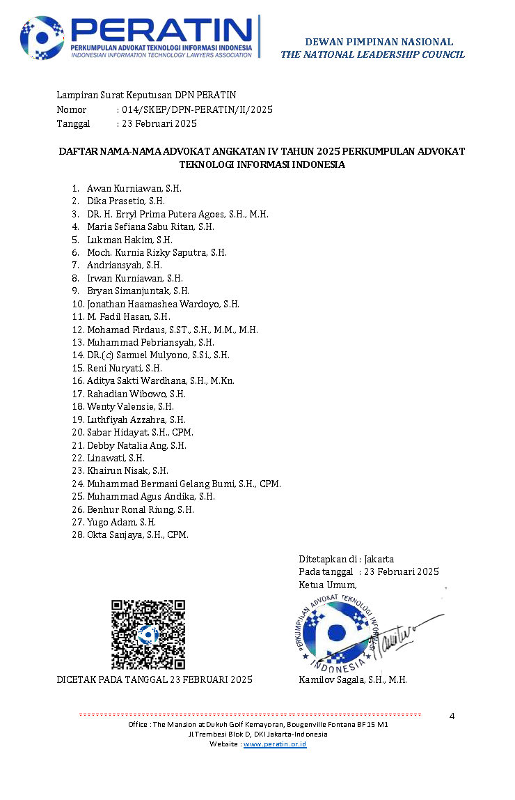 Surat Keputusan Pengangkatan Advokat Angkatan IV Tahun 2025 Perkumpulan ...