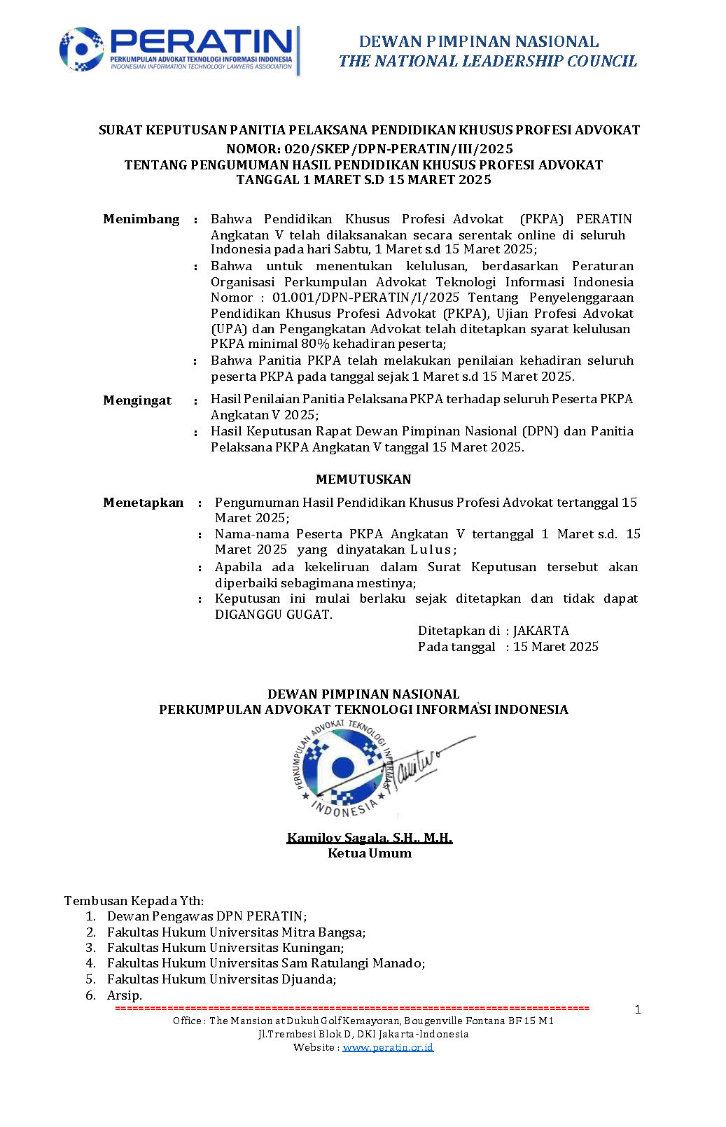 Surat Keputusan Pengumuman Kelulusan Peserta PKPA Angkatan V PERATIN ...