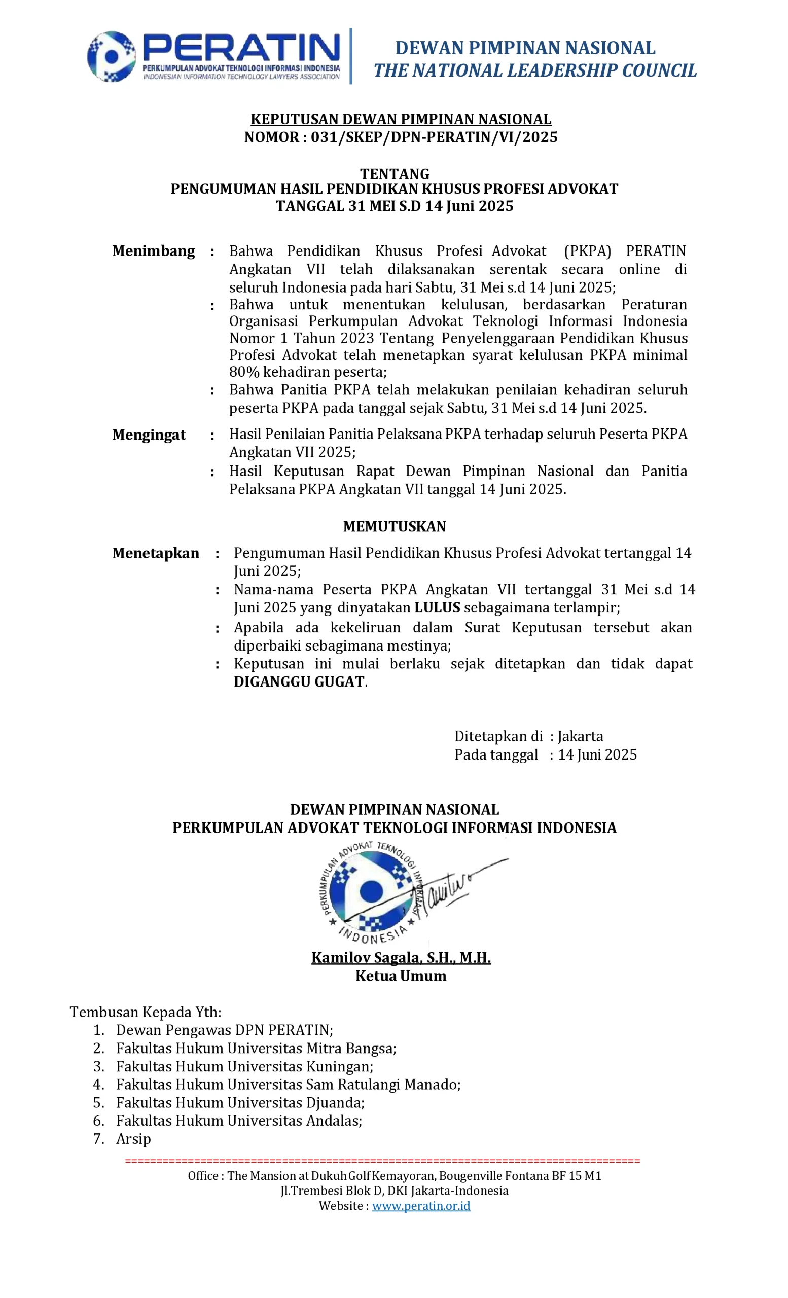 Surat Keputusan Pengumuman Kelulusan Peserta PKPA Angkatan VII PERATIN ...