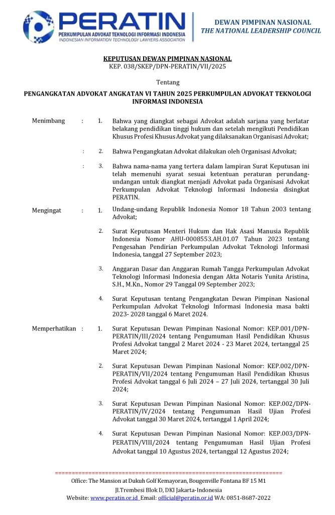 Surat Keputusan Pengangkatan Advokat Angkatan VI Tahun 2025 Perkumpulan ...